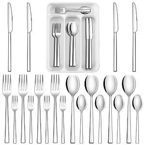 20-Piece Silverware Set with Organizer, Modern Eating Utensils Sets Service for 4, Durable Stainless Steel Flatware Set Include Fork Knife Spoon Set Hammered Cutlery Set for Home, Restaurant