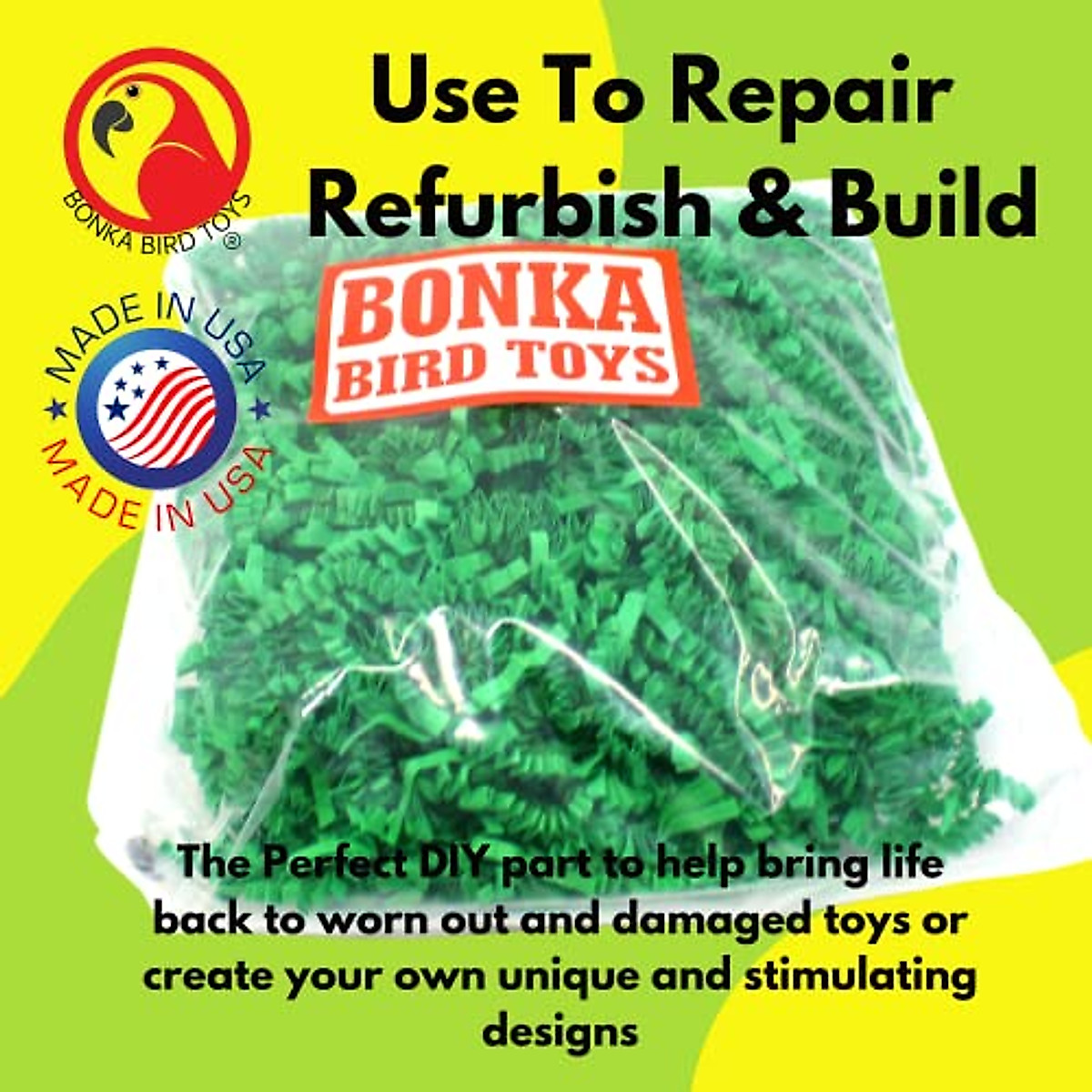 Bonka Bird Toys Colored Crinkle Shred Paper Chew Forage Nesting Treat Natural Multi-Use Craft Part Projects Cockatiels Parakeets Conures Amazons and Other Similar Birds (Green)