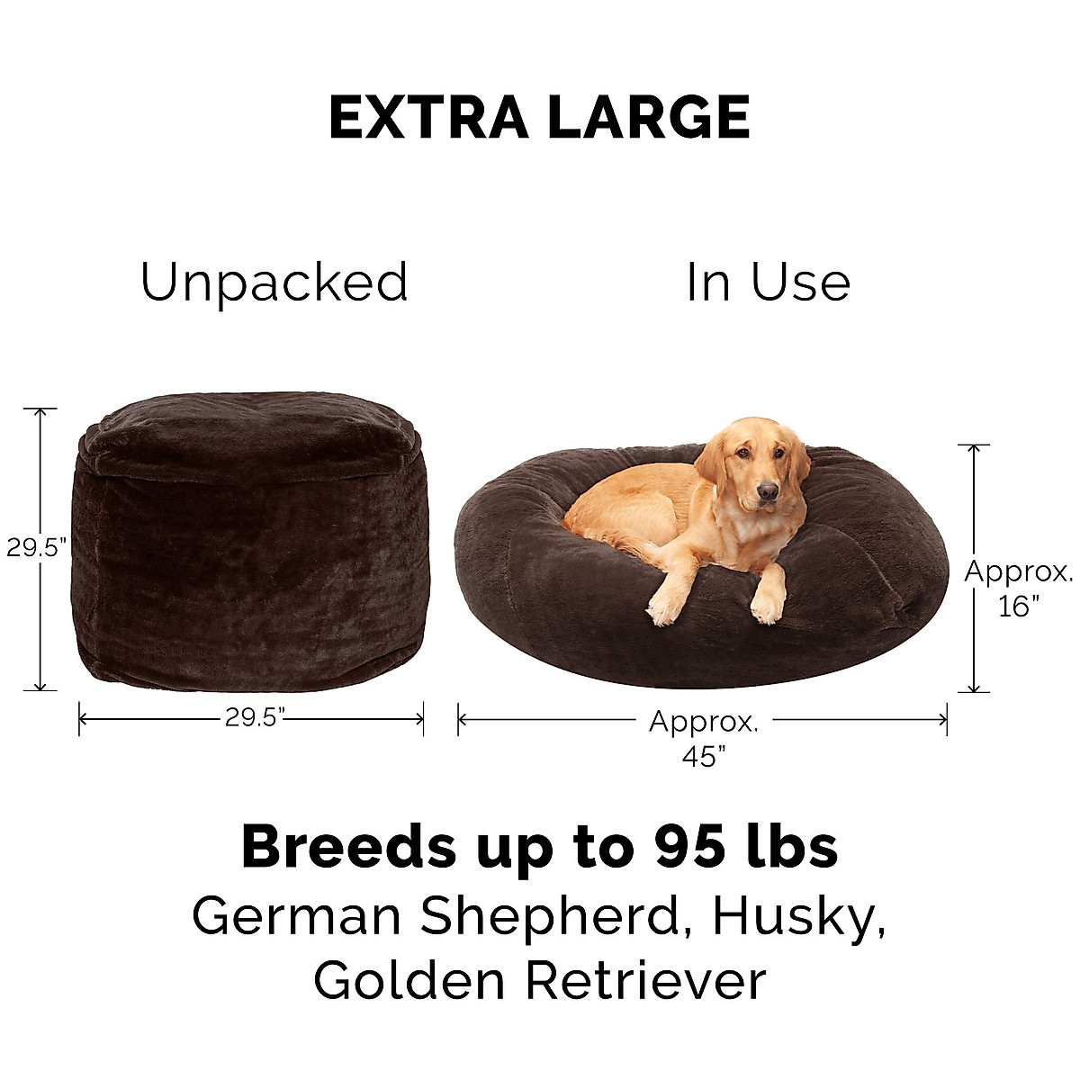 Furhaven Soft & Cozy Dog Bed for Large Dogs, Refillable w/ Removable Washable Cover & Liner, For Dogs Up to 95 lbs - Plush Faux Fur Bean Bag Style Ball Bed - Espresso, XL/Jumbo