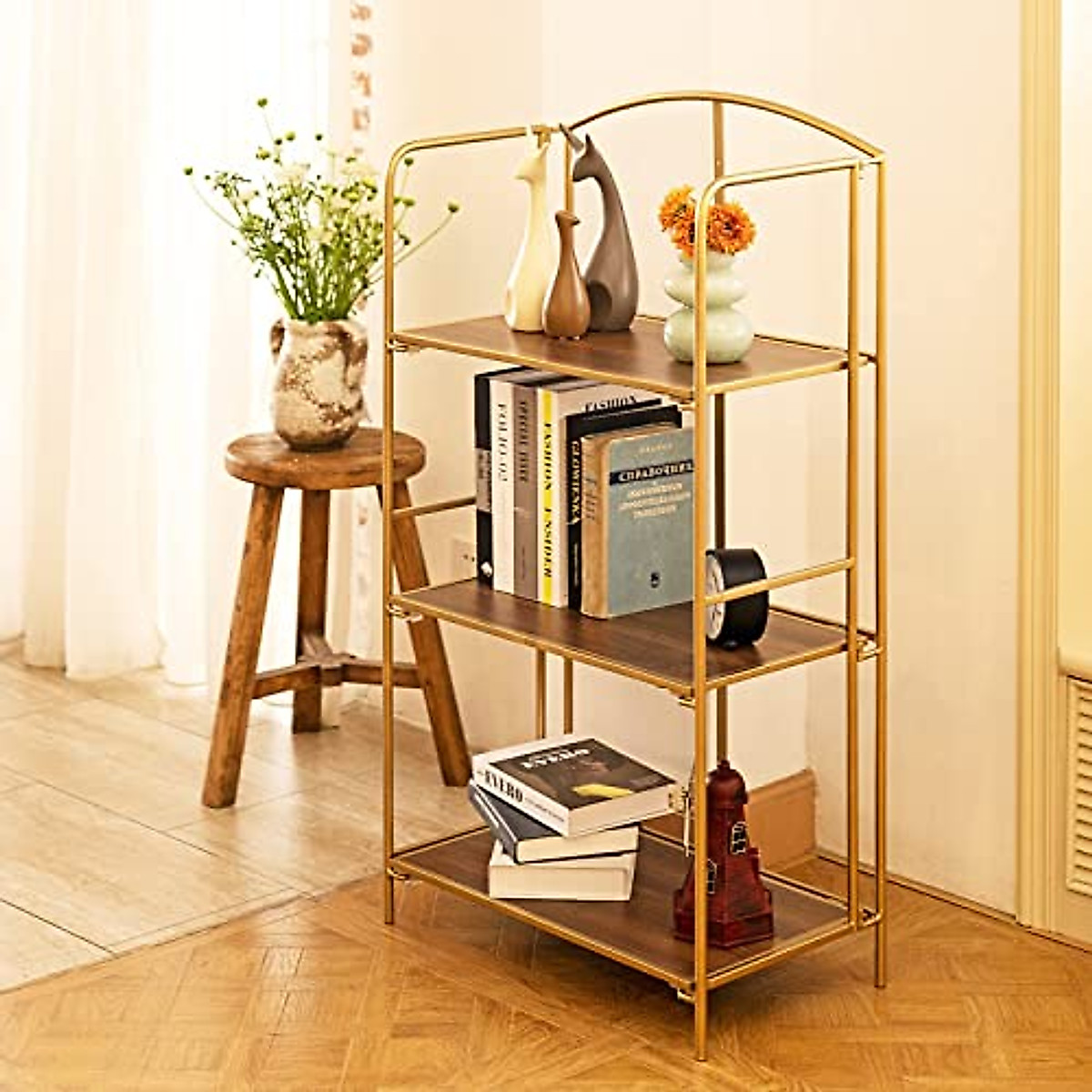 Crofy No Assembly Folding Bookshelf, 3 Tier Gold Bookshelf, Metal Book Shelf /Bookcase for Office Organization and Storage, 12.6 D x 22.44 W x 42.13 H Inches