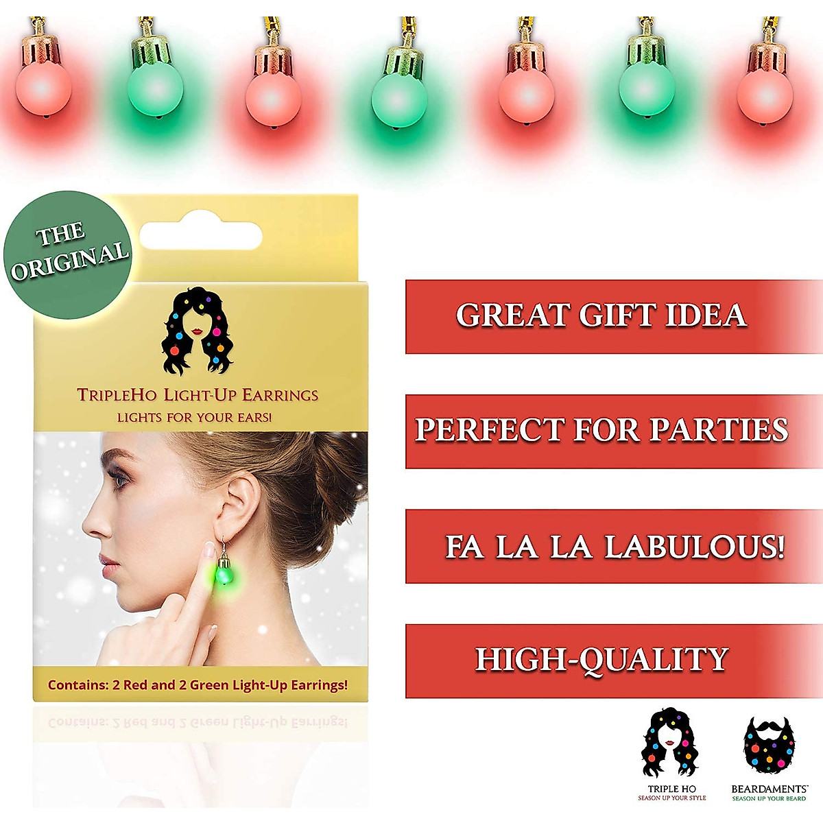 Light Up Ornament Earrings - The Original from Beardaments, 4pc Red and Green Colorful Christmas for Holiday Party, Cosplay, Women Costume