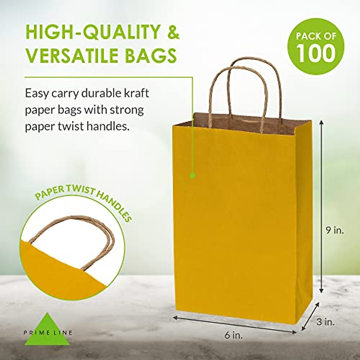 Craft Bags with Handles - 6x3x9 100 Pack Mini Yellow Gift Bag, Kraft Paper Shopping Totes for Small Business, Retail, & Boutique Merchandise, Gift Wrap & Goodie Bags, Wedding Favor Bags, in Bulk