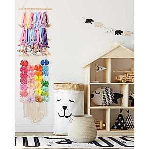 Headband and Hair Bows Holder Macrame Bow Organizer for Girls Hair Bows, Hair Bow Organizer Baby Headband Holder Hair Clip Organizer with 60 Plastic Hooks for Door Boho Wall Room, 13 x 50 Inch (White)