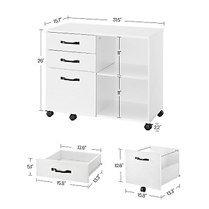 VASAGLE Lateral File Cabinet, Home Office Printer Stand, 3-Drawer Mobile Filing Cabinet with Open Storage Shelves, for A4, Letter-Size Files, White with Wood Grain UOFC041W46