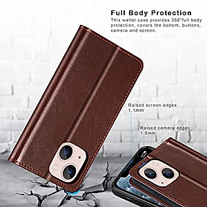Belemay iPhone 14 Wallet Case - Genuine Leather Flip Cover with RFID Blocking, Shockproof TPU Shell, & Card Holders - Brown (6.1-inch)