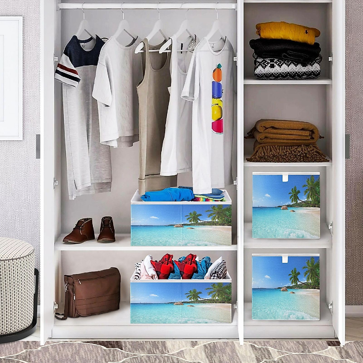 QUGRL Sunny Summer Beach Storage Bins Cube Tropical Palm Tree Clothes Storage Basket Foldable Storage Box Organizer for Shelves Closet Cabinet Office Dorm Bedroom 11x11 in