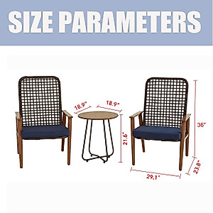 LOKATSE HOME Outdoor Patio 3 Piece Conversation Set Wicker Furniture 2 Cushioned Chairs and Side Table Modern Style, Blue