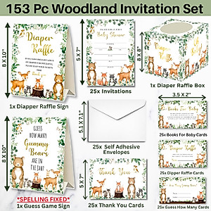 153 Pc Woodland Baby Shower Invitations For Boy And Girl With Envelopes, Baby Thank You Cards, Book Request Cards, Diaper Raffle Box With Ticket & Sign, Guess How Many Baby Shower Game -25 Guest Set