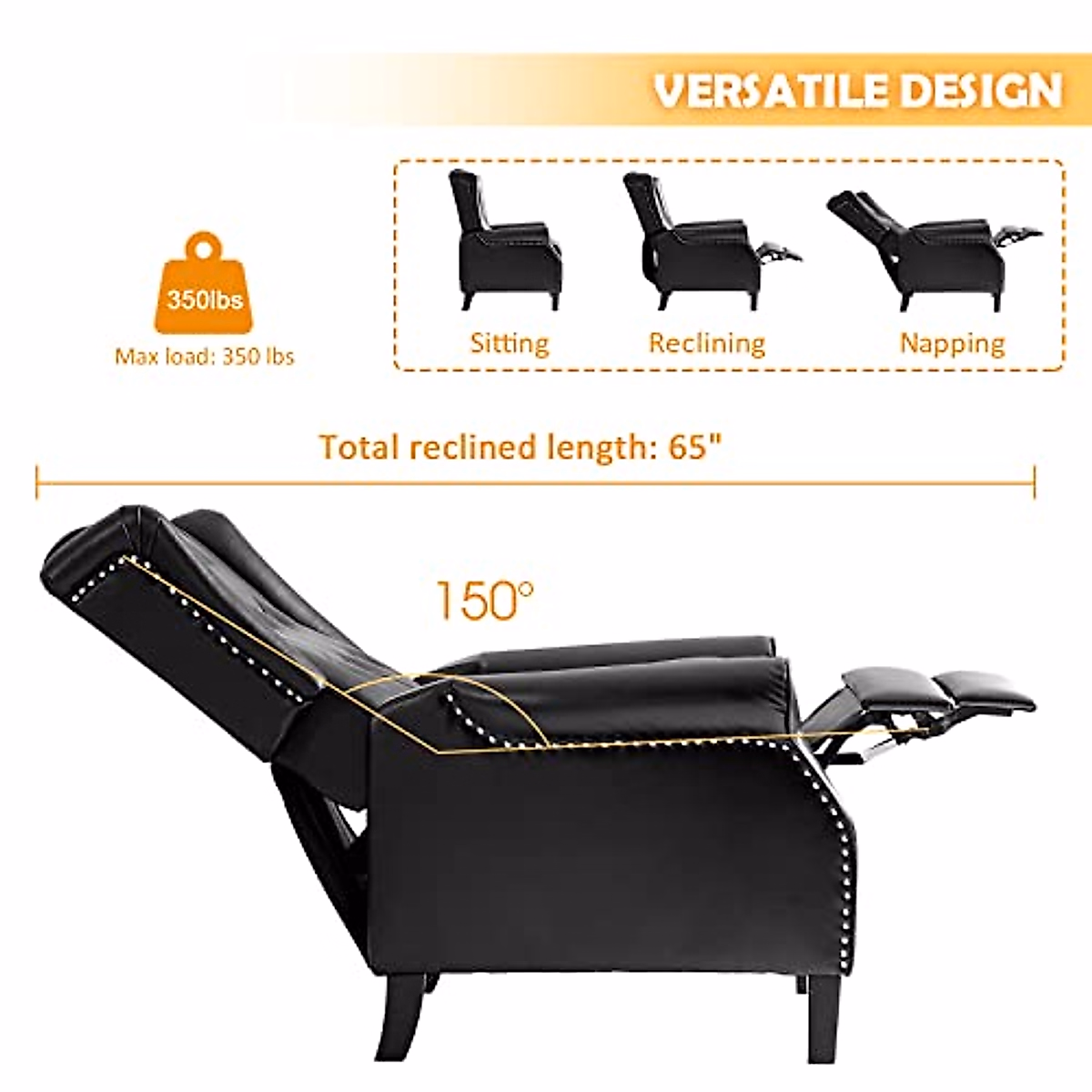 LEISLAND Leather Recliners for Small Space, Tufted Arm Chair Sofa, Leather Accent Chair for Reading, Living Room and Bedroom (Black)