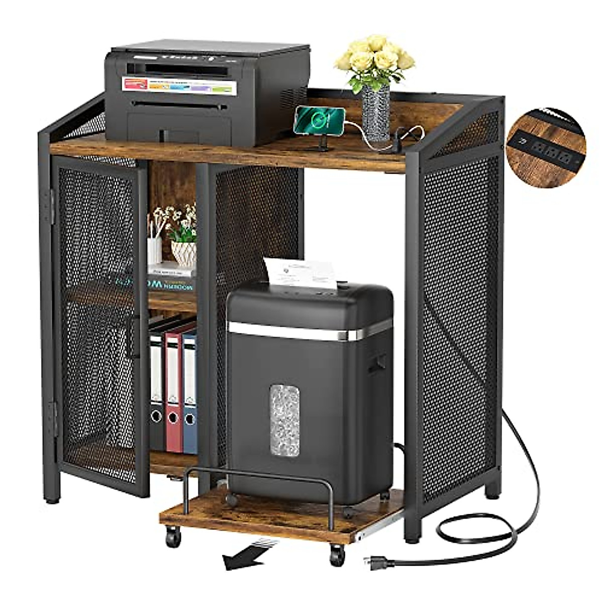 Unikito 3-Tier Lateral Office Filing Cabinets with Socket and USB Charging Port, Modern Printer Stand and Paper Shredder Stand Rack with Wheels and Open Storage Shelves for Home Office, Rustic Brown