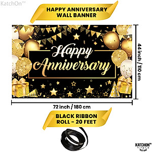 KatchOn, Happy Anniversary Banner Black and Gold - XtraLarge, 72x44 Inch | Happy Anniversary Decorations for Party, Happy Anniversary Backdrop | Happy Anniversary Sign, Wedding Anniversary Decorations