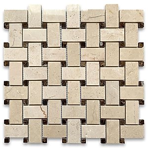 Stone Center Online Crema Marfil Marble 1x2 Basketweave Mosaic Tile w/Emperador Dark Brown Dots Polished Kitchen Bath Wall Floor Backsplash Shower (1 Sheet)