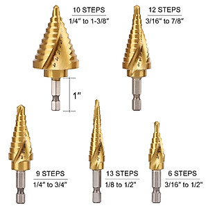 COMOWARE Hex Shank HSS Step Drill Bit with Two Spiral Flutes and Impact Readiness - Ideal for Metal, Stainless Steel, Aluminum, Wood, and Plastic,Total 50 Sizes with Aluminum Case