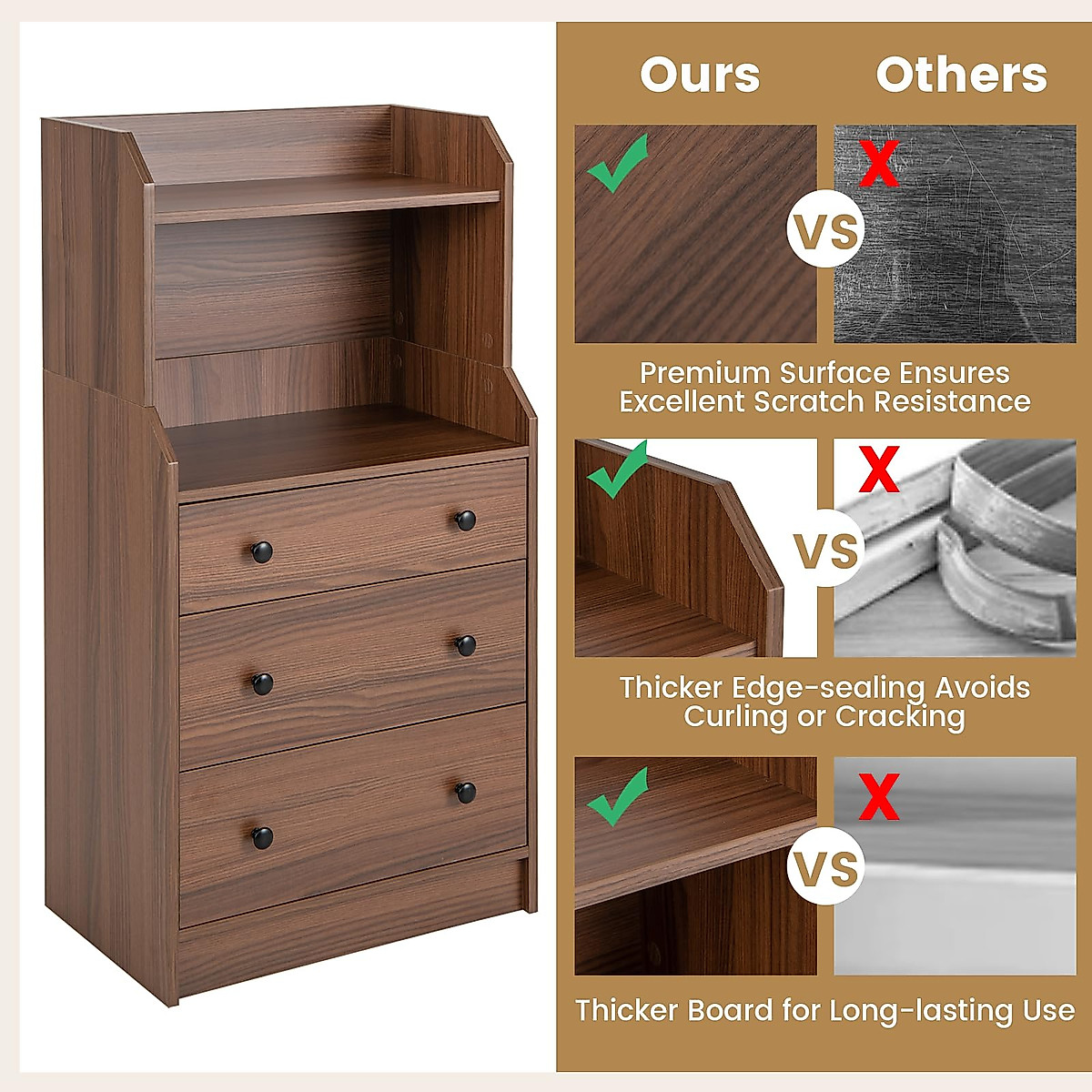 Giantex 3 Drawers Dresser for Bedroom - Modern Storage Dresser Chest of Drawers with 2 Shelves, 3 Pull-Out Drawers, Tall Nightstand with Anti-toppling Device for Bedroom Living Room Entryway (Walnut)