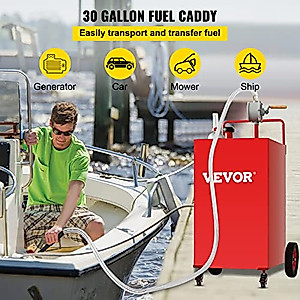 VEVOR 30 Gallon Fuel Caddy, Gas Storage Tank & 4 Wheels, with Manuel Transfer Pump, Gasoline Diesel Fuel Container for Cars, Lawn Mowers, ATVs, Boats, More, Red