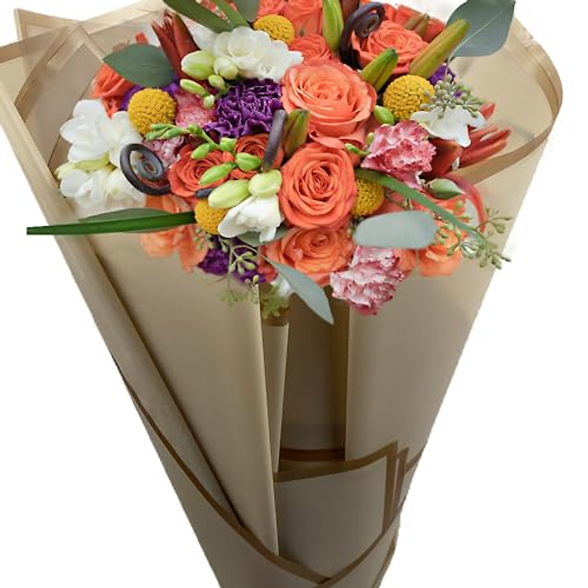 MIMISERVICE 20 PCS Khaki Flower Wrapping Paper, Waterproof Translucent Flower Bouquet Wrapping Paper, Gold Edge Florist Bouquet Supplies with Ribbon for DIY Gifts Wedding Birthday