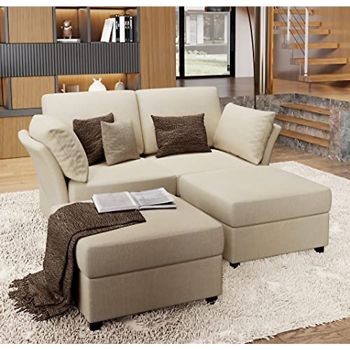 AMERLIFE Sectional Sofa, Modular Sectional Couch with Ottomans- 4 Seat Sofa Couch for Living Room, Convertible U Shaped Couch with Chaise, W57 xD54 xH37 Beige Loveseat