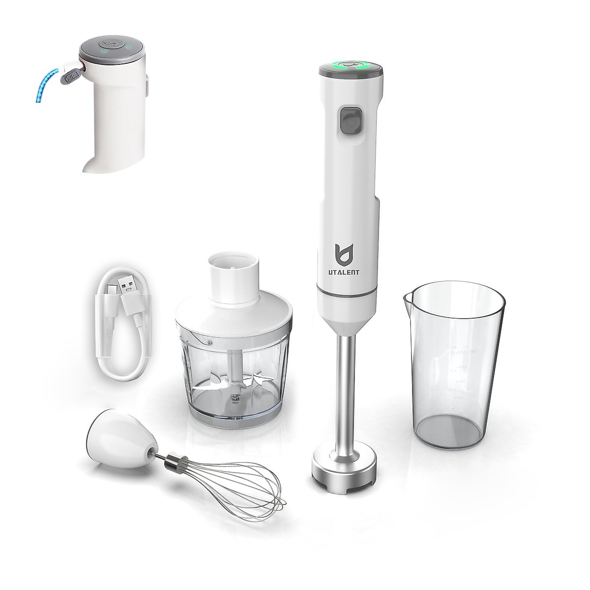 Cordless Hand Blender, UTALENT Variable Speed Immersion Blender Rechargeable, with 500ml Chopper, 600ml container, Egg Whisk, for Smoothies, Baby Food and Soups – White