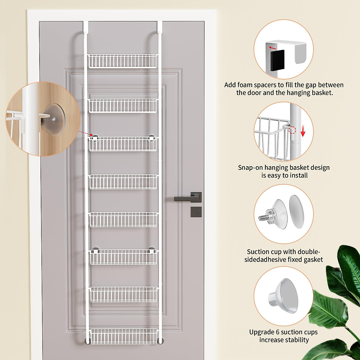 TIMEBAL Over the Door Pantry Organizer, 8-Tier Metal Hanging Rack with 8 Large Baskets, Rust Resistant, White