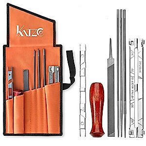 Katzco Chainsaw Sharpener File Kit - Contains 5/32, 3/16, and 7/32 Inch Files, Wood Handle, Depth Gauge, Filing Guide, and Tool Pouch - for Sharpening and Filing Chainsaws and Other Blades