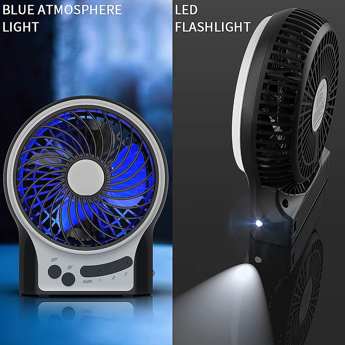 Mini Portable Battery Operated Desk Fan, Rechargeable & USB Powered Handheld Fan with Atmosphere Light & Flashlight, Strong Airflow, 3 Speeds, Small Personal Hand Held Fan for Desktop Camping (Black)