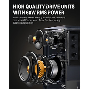 Donner Active Bookshelf Speakers with 60W RMS Powered, Long Stroke Stereo Speakers with Bluetooth 5.0/Coax/Opt/USB DAC/Double RCA Input and Subwoofer Output, Home Audio System - A40D