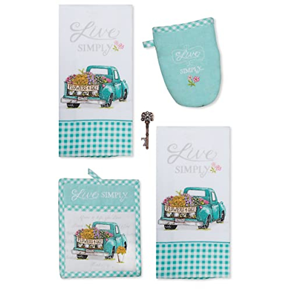 Kay Dee Designs Flower Truck Teal Blue Live Simply Kitchen Terry Towels, Potholder, Oven Mitt and Rustic Bottle Opener Set of 5