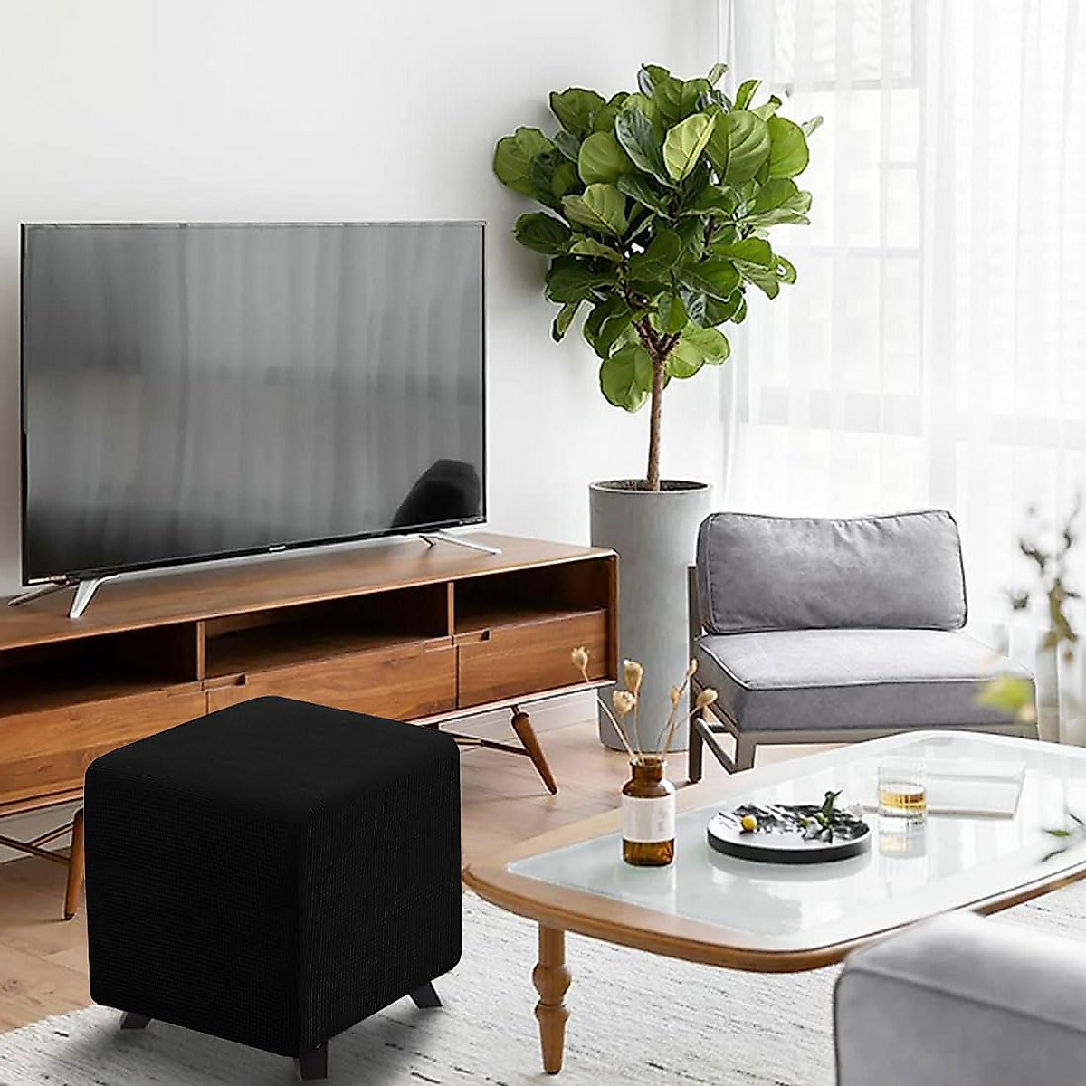 Bifaunvogel Ottoman Cover Square Folding Storage Ottoman Slipcovers Jacquard Stretch Cube Footrest Foot Stool Covers Protector with Elastic Band (Small,Black)