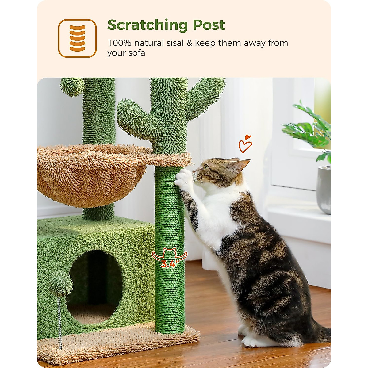 PEQULTI 4-in-1 Cactus Cat Tree, 33'' Cat Tower for Indoor Cats with Large Cat Condo, Cat Scratching Post for Cats with Deep Hammock& Cozy Top Perch,Green