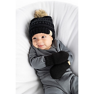 Funky Junque Infant Winter Hat and Mitten Set Newborn Pom Pom Beanie with Fleece Lined Mittens for Baby Boys and Girls (0-9 Mo), Black