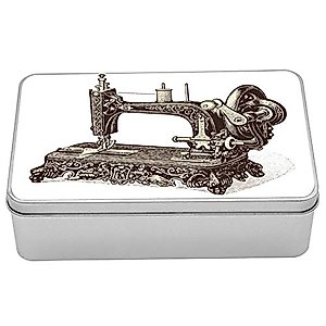 Ambesonne Steampunk Metal Box, Vintage Sewing Machine Hand-Drawn Sketch Antique Nostalgic Object Print, Multi-Purpose Rectangular Tin Box Container with Lid, 7.2" X 4.7" X 2.2", Brown Ivory