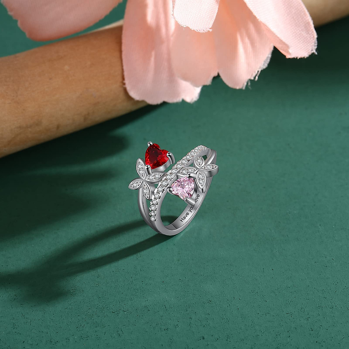 LanM Personalized Promise Rings for her Butterfly Rings for Mother with 2 Simulated Birthstone Engraved Womens Names Mother Rings for Family Mother Day Gift, Silver