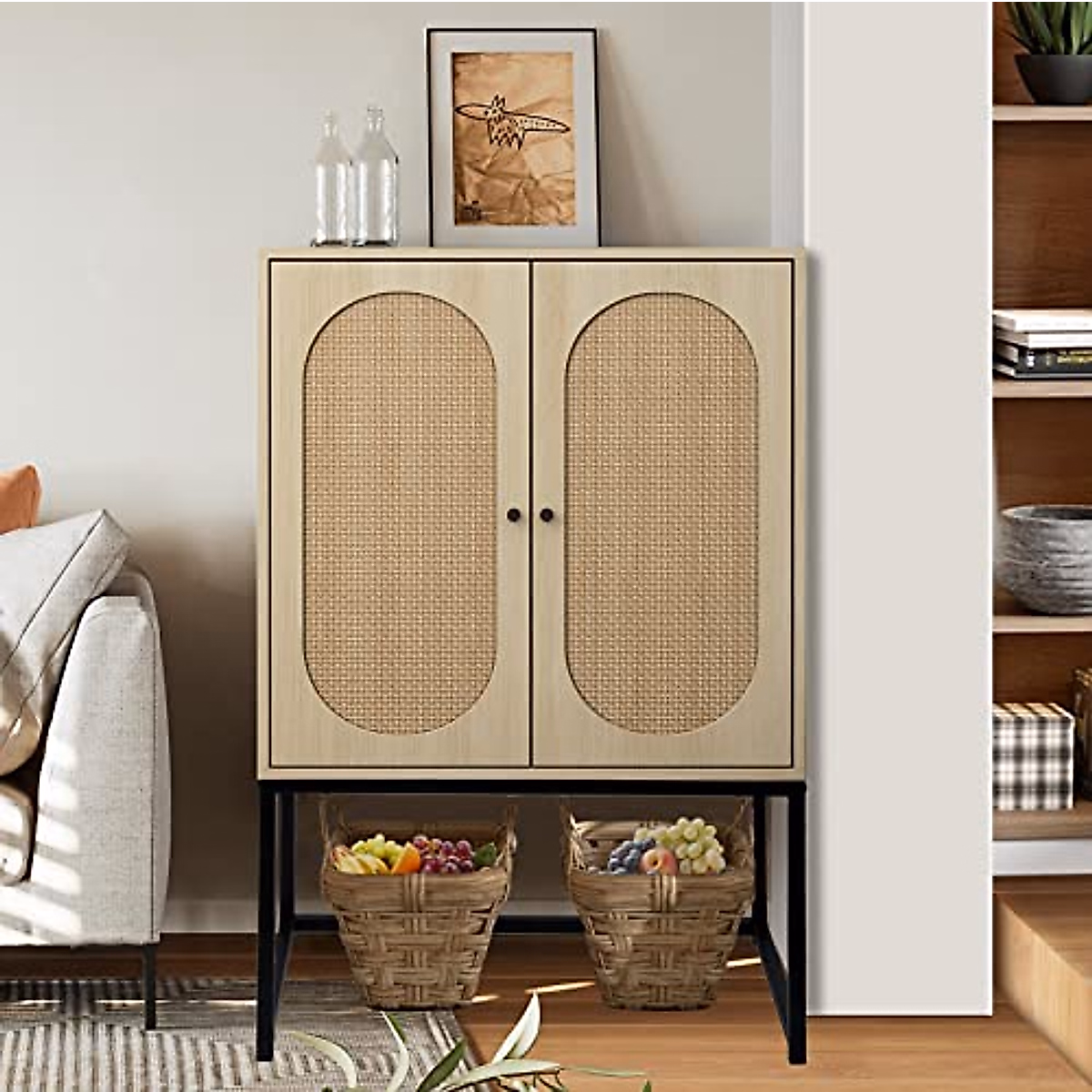 AWQM Natural Rattan 2 Door High Cabinet,Sideboard Buffet Cupboard Accent Cabinet,Adjustable Shelves,Free Standing Bookmatch,Easy Assembly26.77 L x 15.75" W x 41.34" H,Rustic Oak Beige