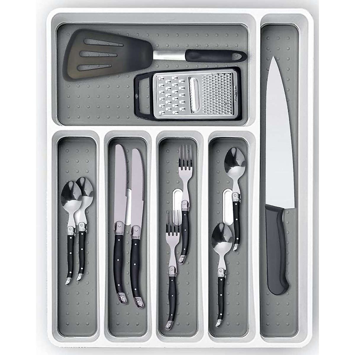 SUJUDE Silverware Drawer Organizer - Non Slip Utensil Tray Narrow, Kitchen Cutlery Tray Drawer Organizers Plastic 6 Compartment Gray Tray
