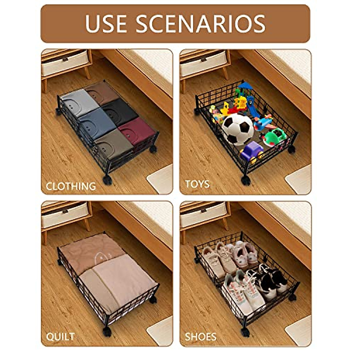 Under Bed Storage with Wheels, Underbed Storage Containers, Foldable Bedroom Storage and Organization with Handles, Underbed Storage Drawer for Shoes, Clothes, Toys, Blankets and Bedding (2 Pack, Black)