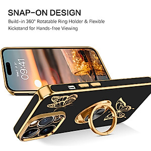 BENTOBEN for iPhone 14 Pro Max Case with Ring Holder, Butterfly Design Women Girl Phone Case Slim Fit Luxury Shockproof Non-Slip Support Car Mount Protective Case for iPhone 14 Pro Max 6.7",Black