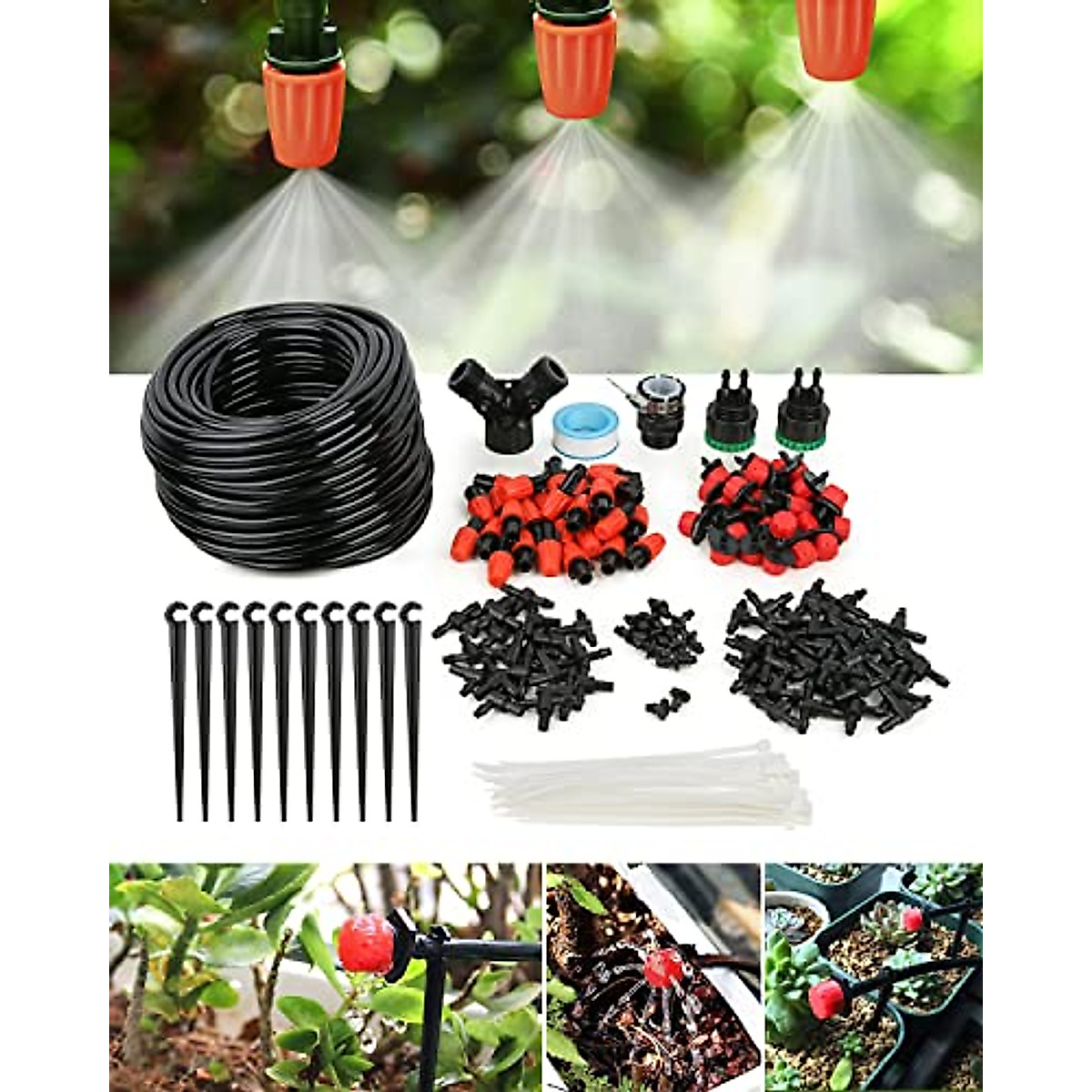 La Farah 98ft Drip Irrigation Kit, 149pcs Micro Drip System Kit with 1/4" Blank Distribution Tubing Adjustable Drip Emitters Misting Sprinkler Barbed Connectors, Garden Watering System for Plant