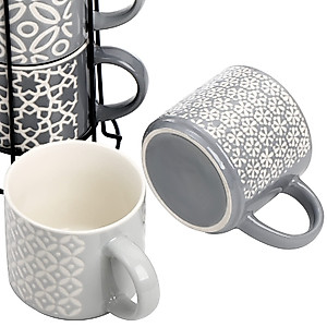 Hiceeden Set of 4 Coffee Mugs with Metal Stand, 15 oz Stackable Espresso Cups Ceramic Coffee Mugs for Cocoa, Latte, Americano, Cappuccinos or Beverages