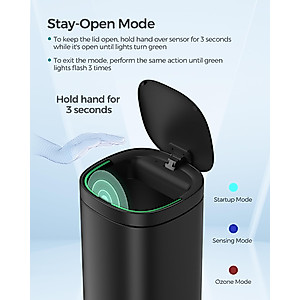 SONGMICS Motion Sensor Trash Can, 13 Gallon Automatic Kitchen Garbage Can, Multi-Colored Indicator Lights, Ozone Odor Control, Stay-Open Lid, Tall, Stainless Steel, Black ULTB620B50