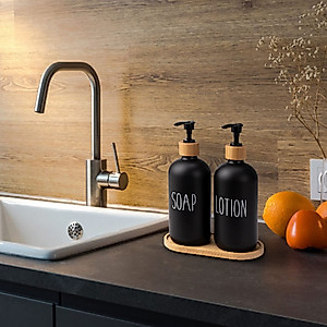 Little World Soap Dispenser for Kitchen, Stainless Steel Pump and Wood Tray, Bathroom Decor Dispenser for Foaming Hand Soap, Dish Soap and Lotion, Black & Black