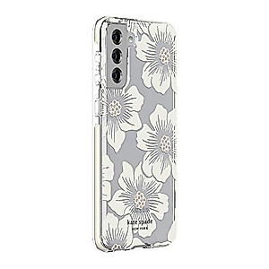 kate spade new york Defensive Hardshell Case Compatible with Samsung Galaxy S21+ 5G - Hollyhock Floral Clear/Cream with Stones/Cream Bumper