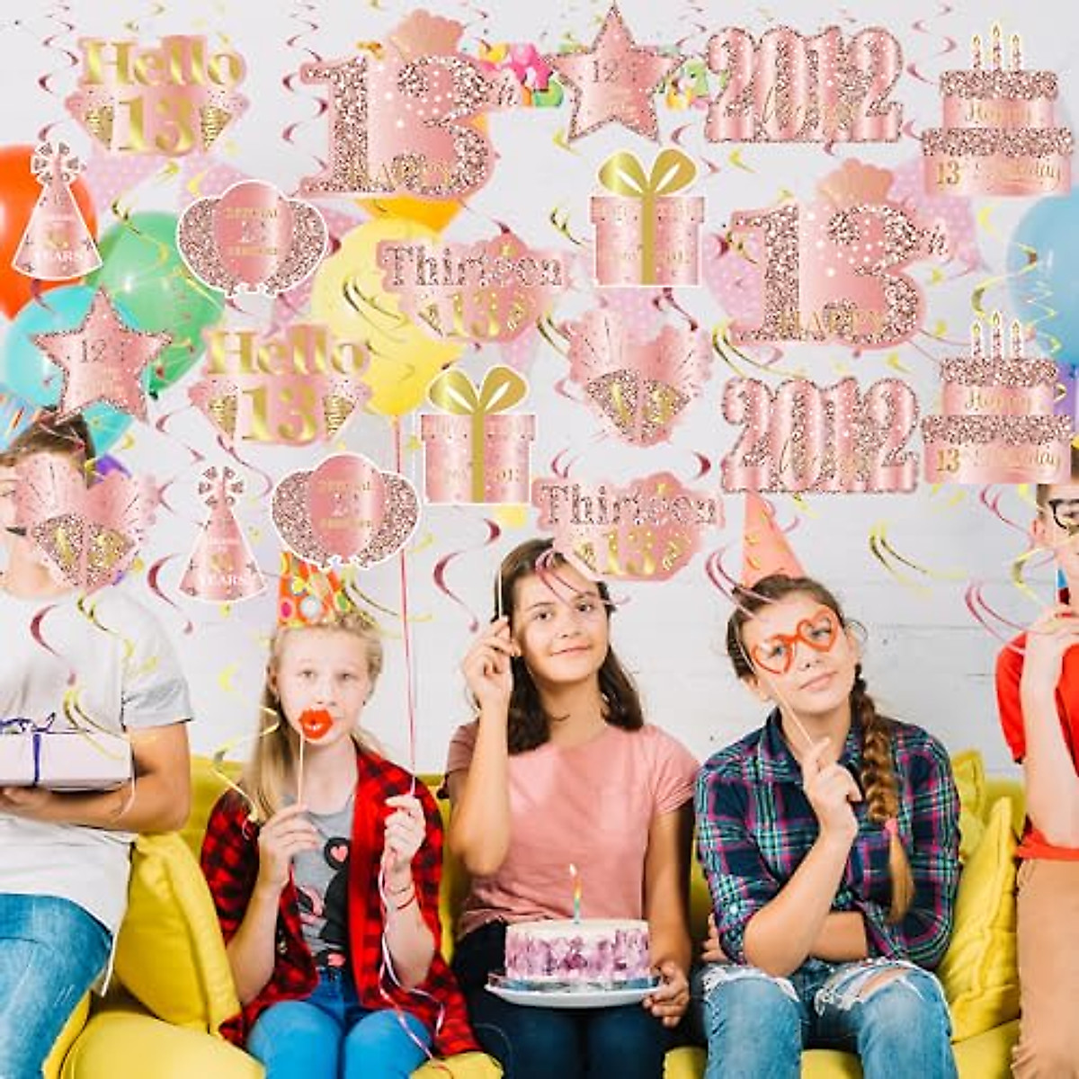 36PCS Pink Rose Gold 13th Birthday Decorations Hanging Swirls for Girls, Happy 13th Birthday Party Supplies Vintage 2012 Foil Swirls,Thirteen Years Old Birthday Ceiling Hanging Decorations Party Decor