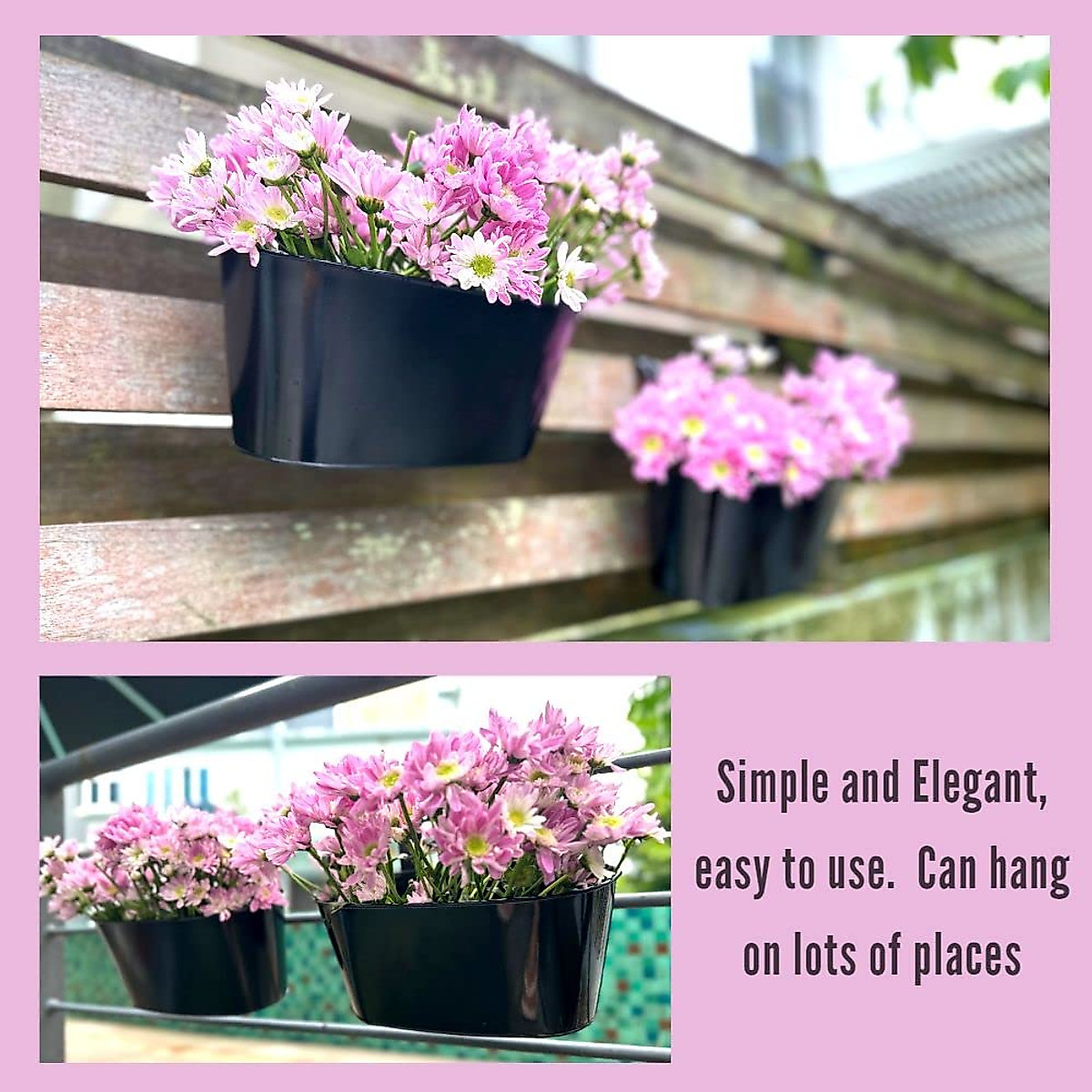 LaLaGreen Railings Outdoor - 2 Pack, 9.8 Inch Black Hanging Flower Pots, Fence Railings Bucket Countryside Modern Plant Holder with Detachable Hook Outdoor Wall Balcony Garden Patio Deck Porch Décor