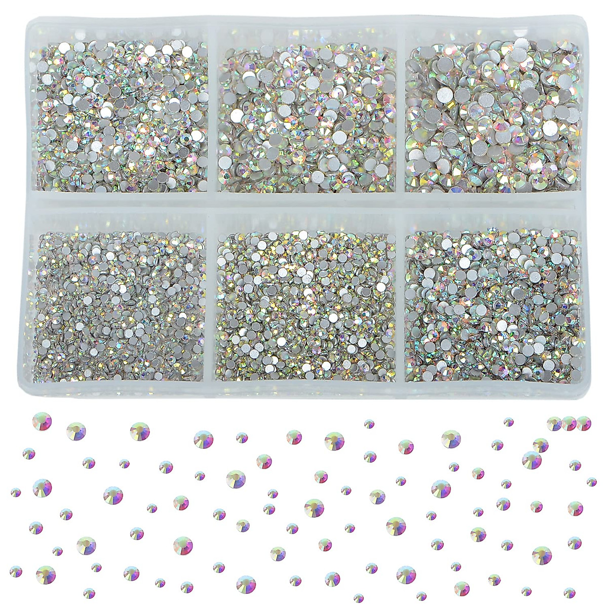 Bymitel 7200 Pieces 6 Mixed Sizes Glue Fix on Glass Rhinestones Round Crystal Gems Flatback for DIY Jewelry Making with one Picking Pen (6-Sizes 7200PCS, Crystal AB)