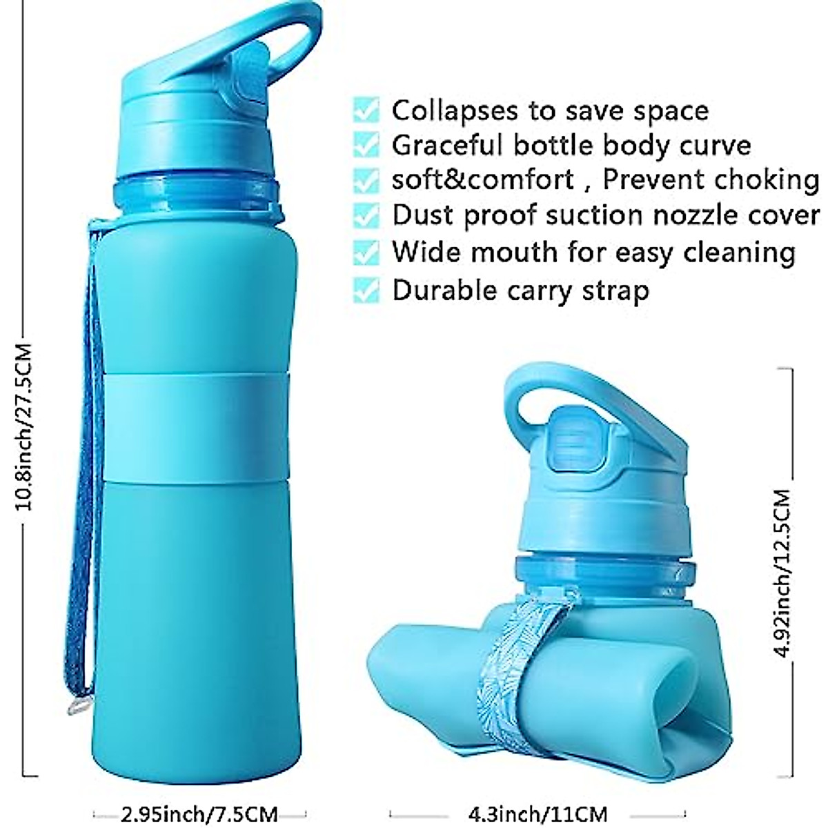 CAMPWOLF Collapsible Water Bottle,Reusable Leakproof Silicone Foldable Water Bottles for Travel Sports Gym Camping Hiking, BPA Free, 22 oz (BLUE)
