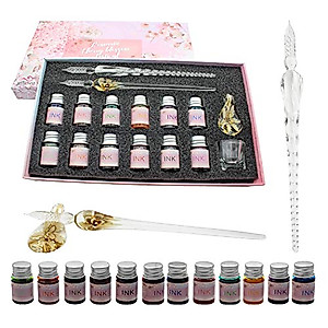 XIAOYU Glass Dip Pen Ink Set, 16 Pieces Calligraphy Pens Set - 12 Colorful Inks, Pen Holder, Cleaning Cup, 2 Crystal Glass Pens for Writing, Signature - Yellow