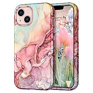 CASEFIV Compatible with iPhone 13 Case, Marble Pattern 3 in 1 Heavy Duty Shockproof Full Body Rugged Hard PC+Soft Silicone Drop Protective Girls Women Cover for iPhone 13 6.1 inch 2021, Rose Gold