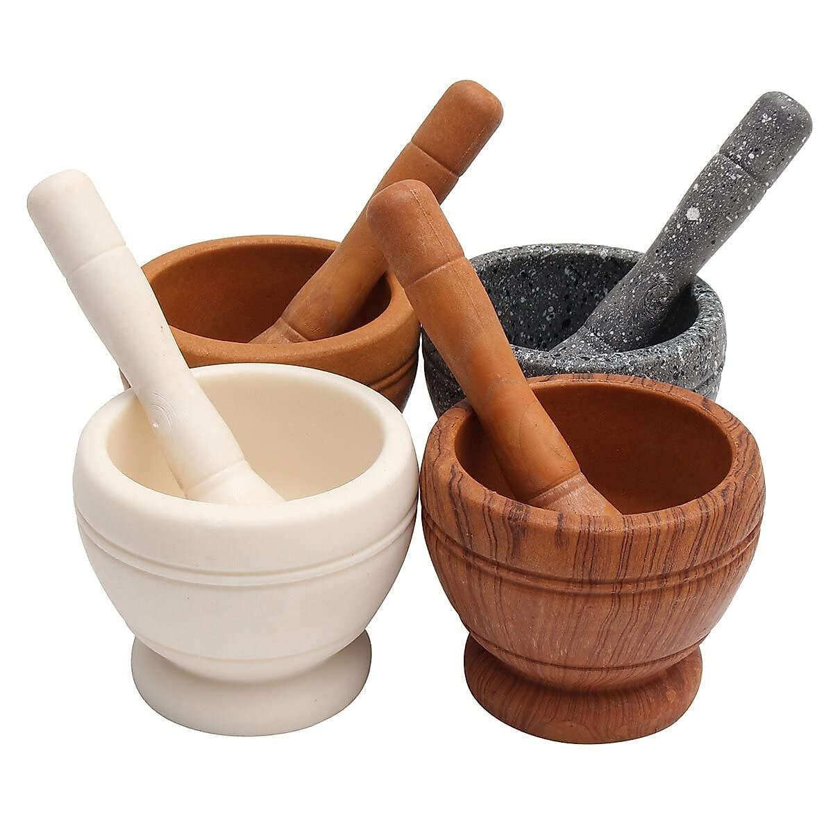 Resin Pestle & Mortar Set Garlic Herb Spice Mixing Grinder Crusher Kitchen Bowl Smashing Tools-Wood Grain