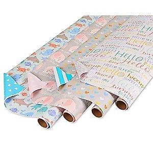 American Greetings Reversible Baby Shower Wrapping Paper, Animals and Hearts (4 Rolls, 160 sq. ft)