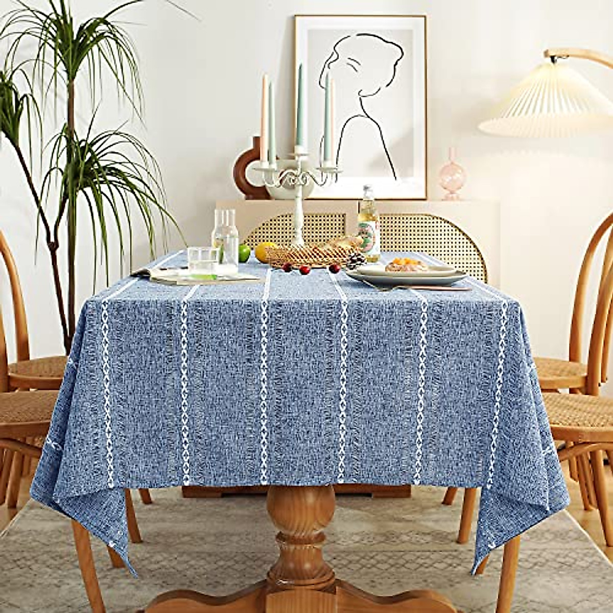 Chassic 60 x 84 inches Farmhouse Style Linen tablecloths, Wrinkle Resistant Washable Dining Room Table Cloths for Rectangle Tables - Hemstitch Blue